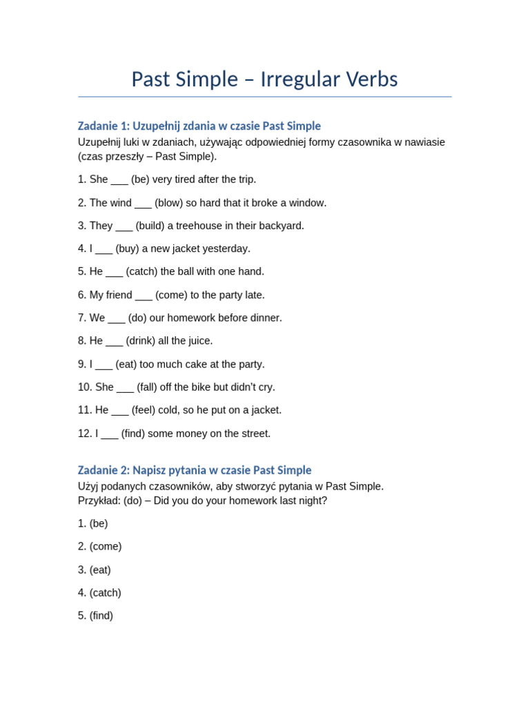 Past Simple Irregular Verbs Worksheet | PDF