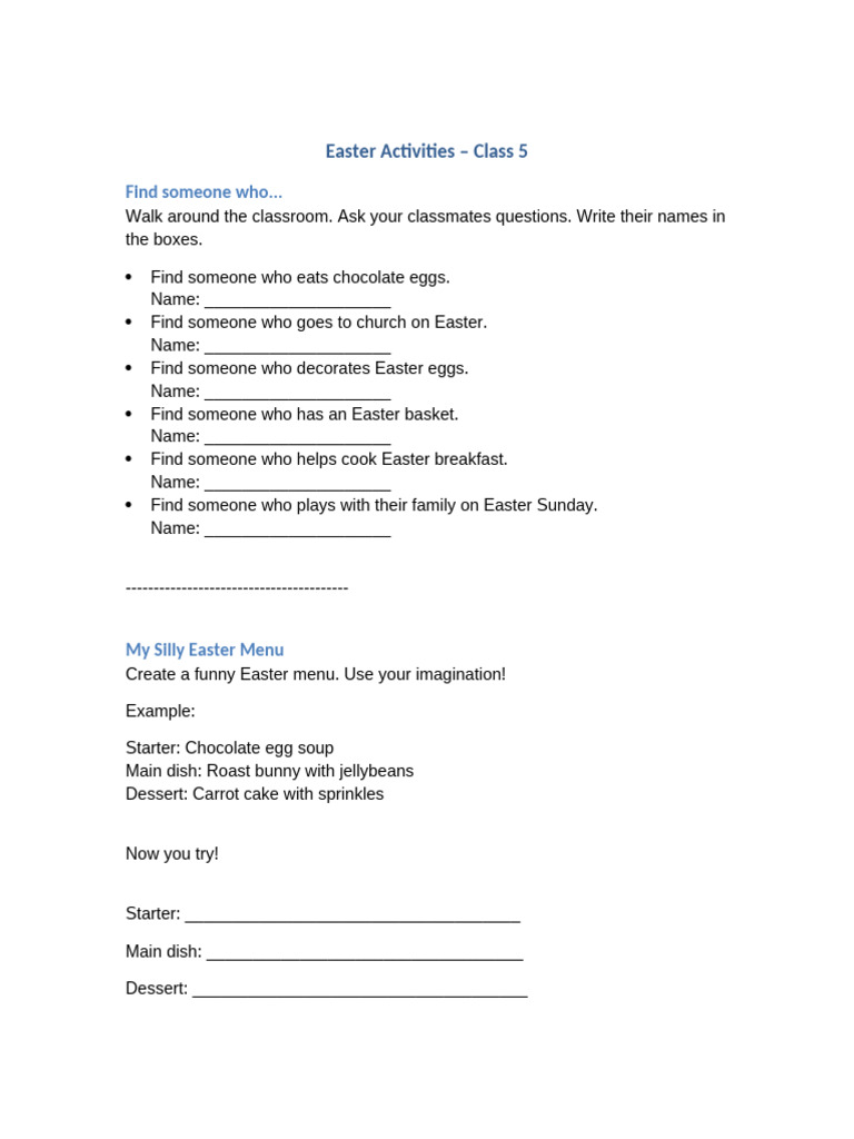 Easter Worksheet Class5 | PDF