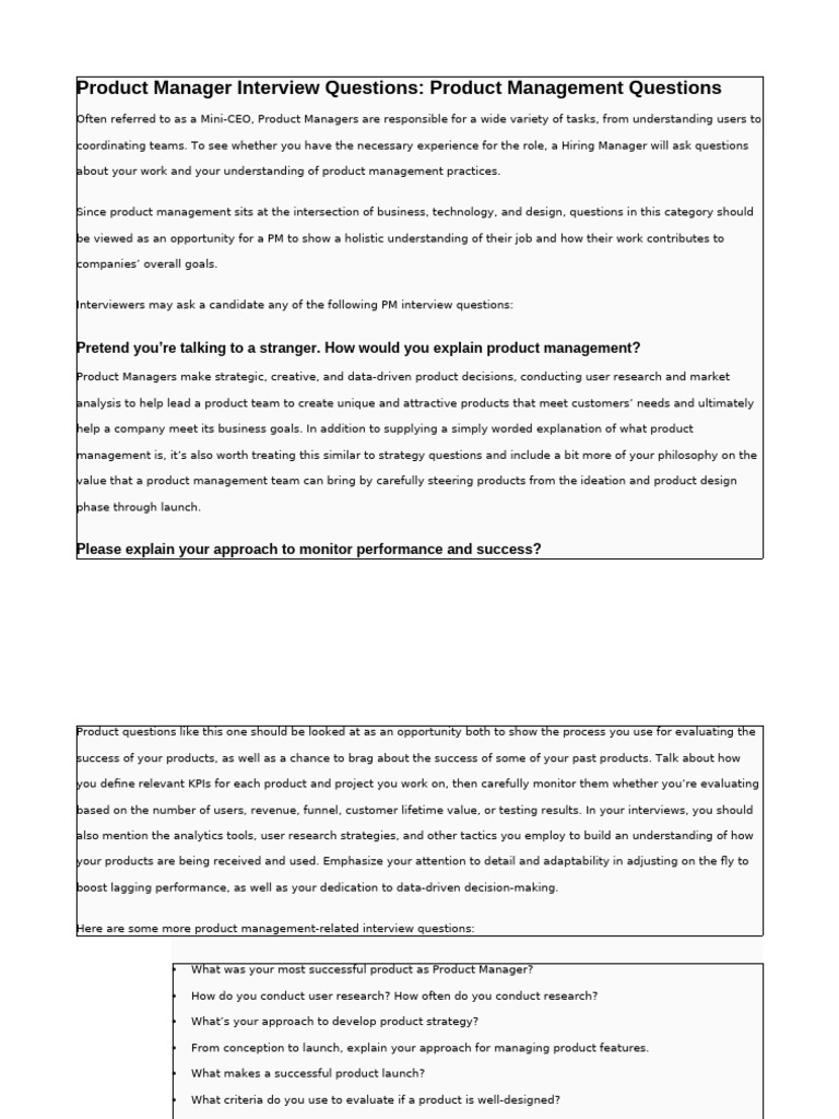 Product Manager Interview Questions Guide | PDF | Leadership | New ...