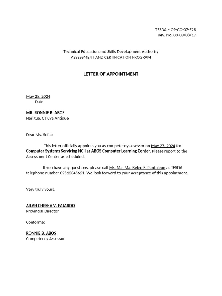 Appointment Letter for Competency Assessor | PDF