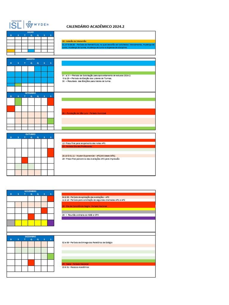Calendário Acadêmico 2024.2 Wyden | PDF