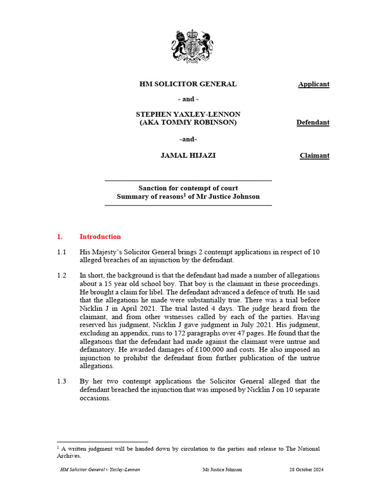 Yaxley Lennon Summary of Reasons Contempt of Court Sanction | PDF | Contempt Of Court | Injunction