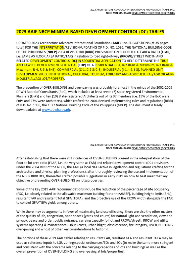 2023 NBCP Development Control Tables | PDF