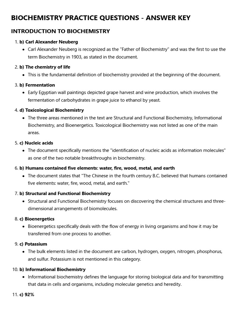 Biochemistry Practice Questions - Answer Key | PDF | Biochemistry ...