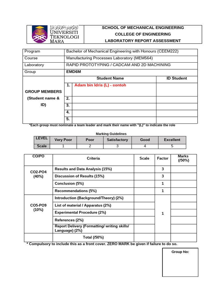 MEM564 - Front Cover + Report Evaluation Form | PDF | Engineering