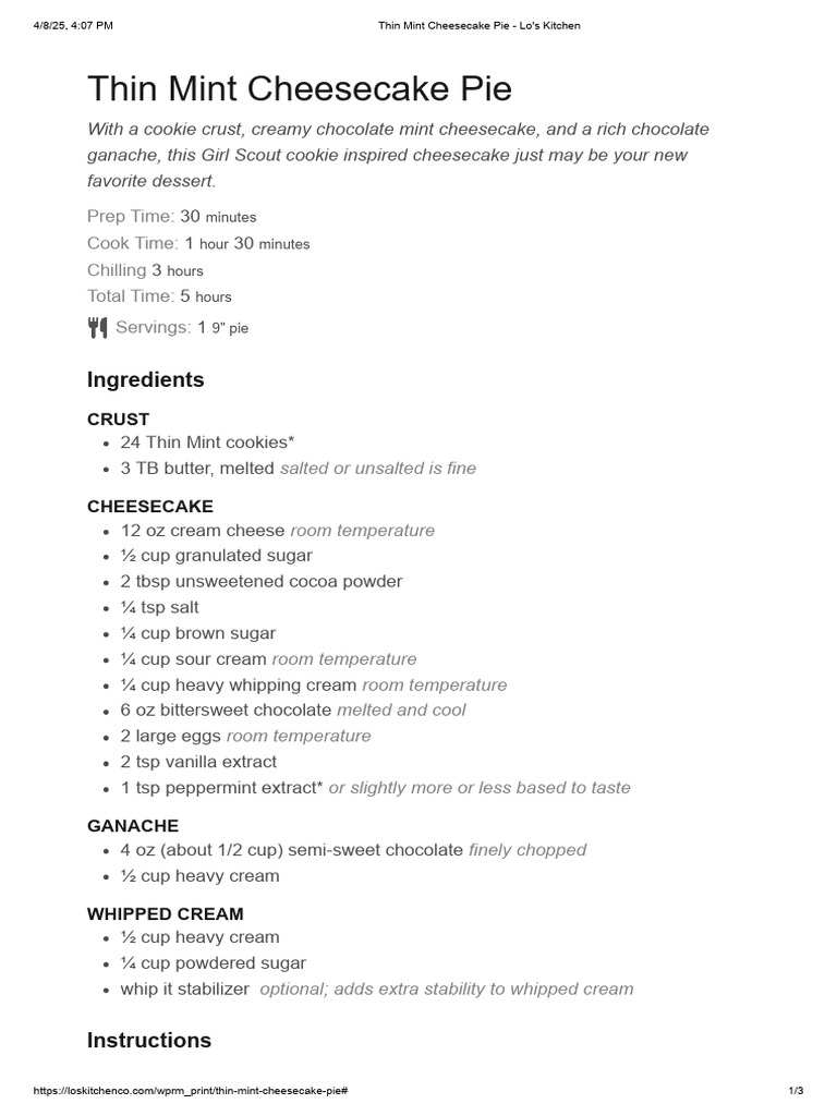 Thin Mint Cheesecake Pie Recipe | PDF | Cheesecake | Chocolate
