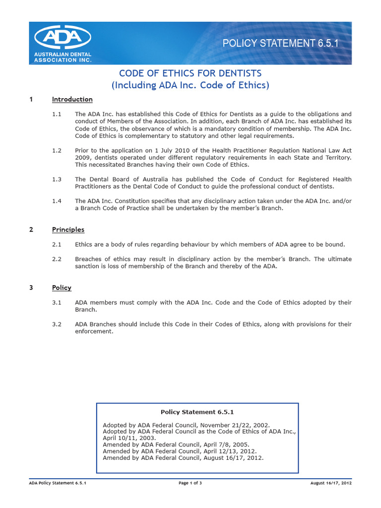 m482656 - v1 - Policy Statement 6.5.1 Code of Ethics For Dentists | PDF ...