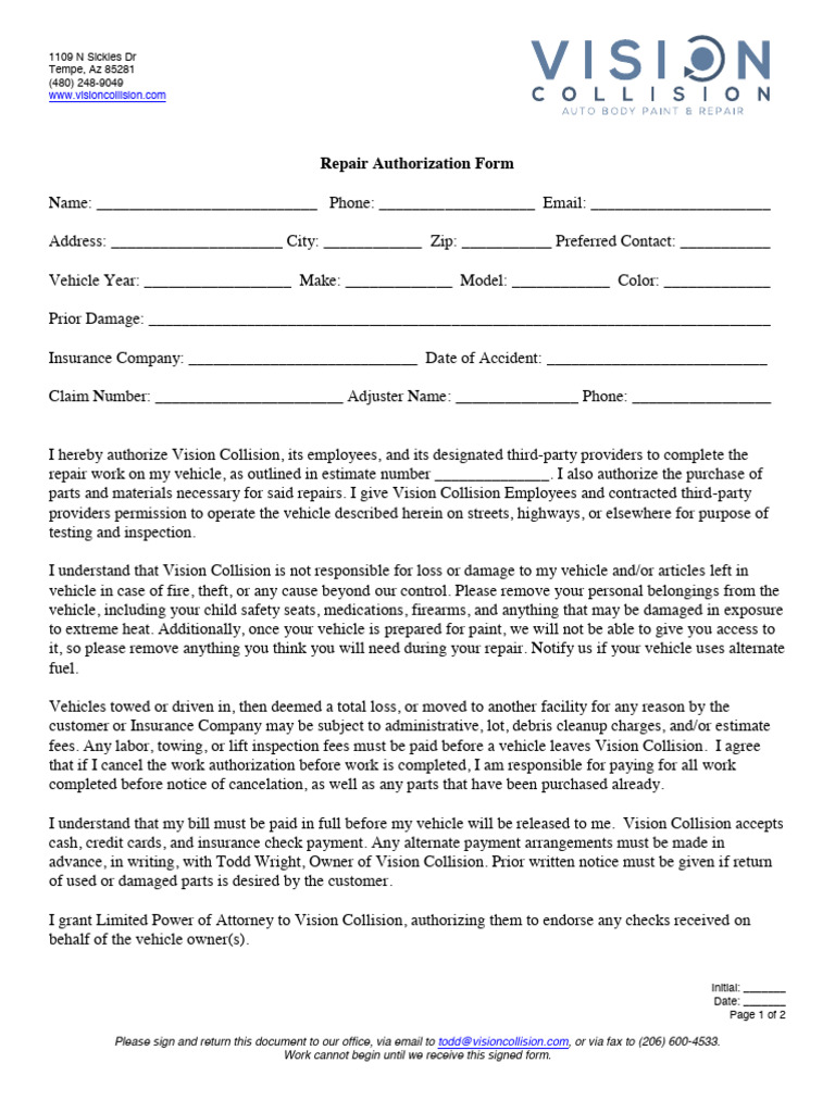 Repair Authorization Form2 | PDF | Insurance | Vehicles