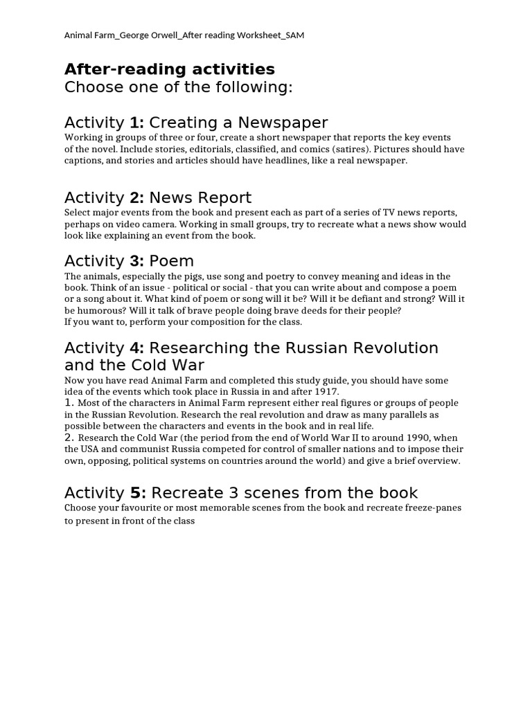 Animal Farm After-Reading Activities Guide | PDF | Poetry
