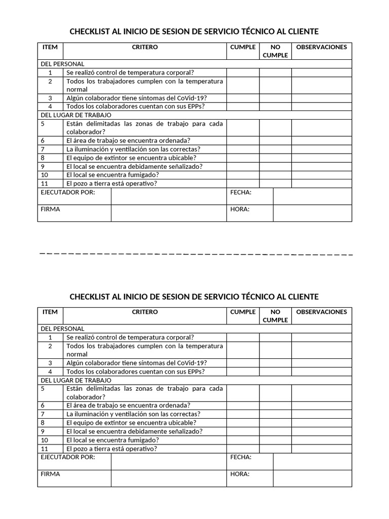 Checklist Al Inicio de Sesion de Servicio Técnico Al Cliente | PDF