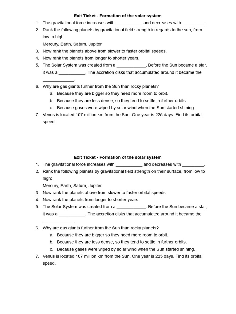 2 - The Formation of The Solar System - Exit Ticket | PDF | Planets | Sun