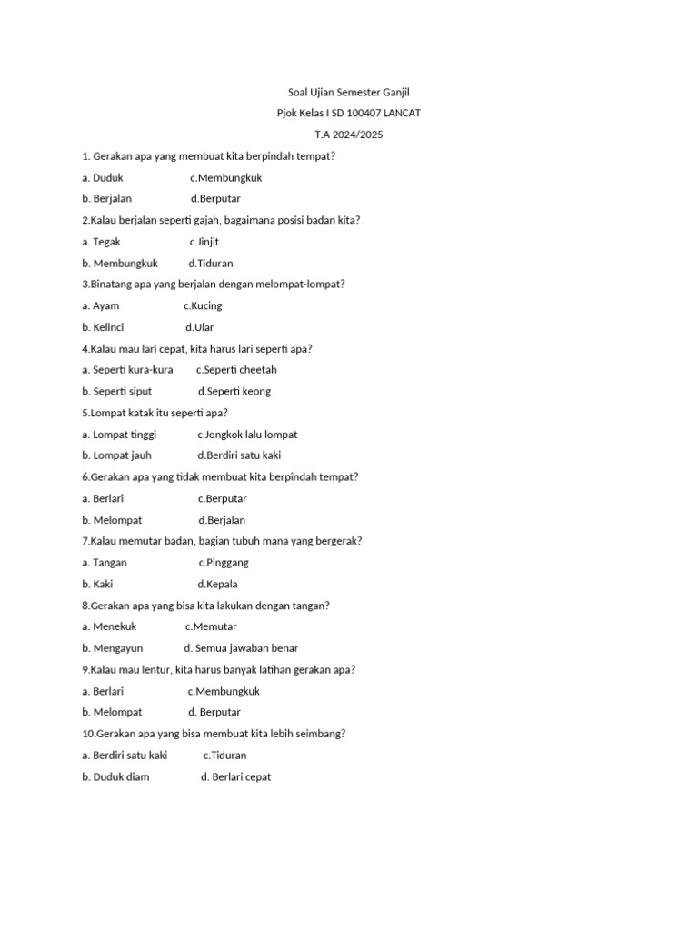 Soal Ujian Semester Ganjil Pjok Kelas 1 | PDF