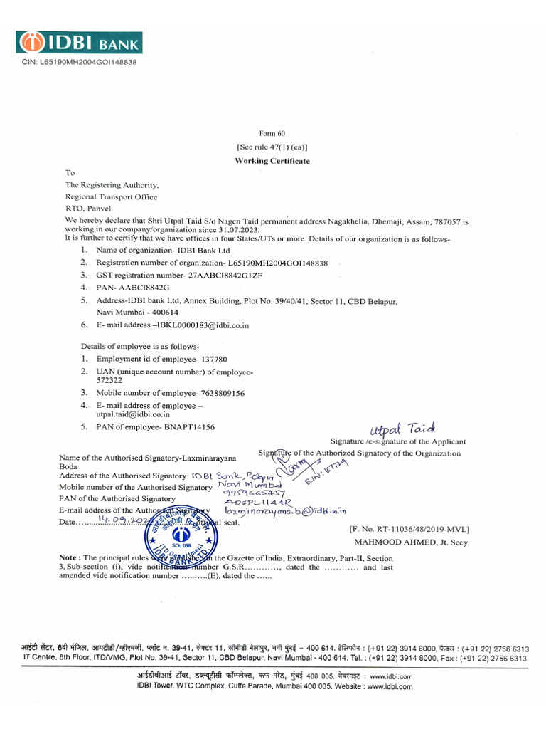 IDBI Reference Working Certificate (Form-60) | PDF