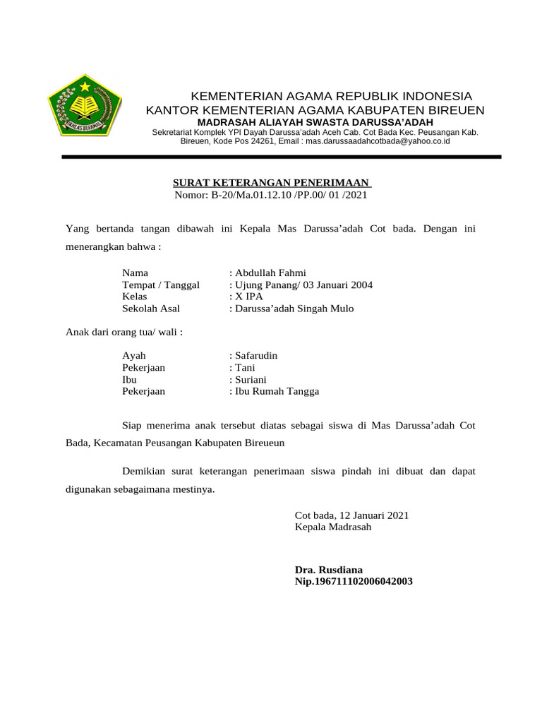 Surat Penerimaan Siswa Mas Darussa'adah | PDF