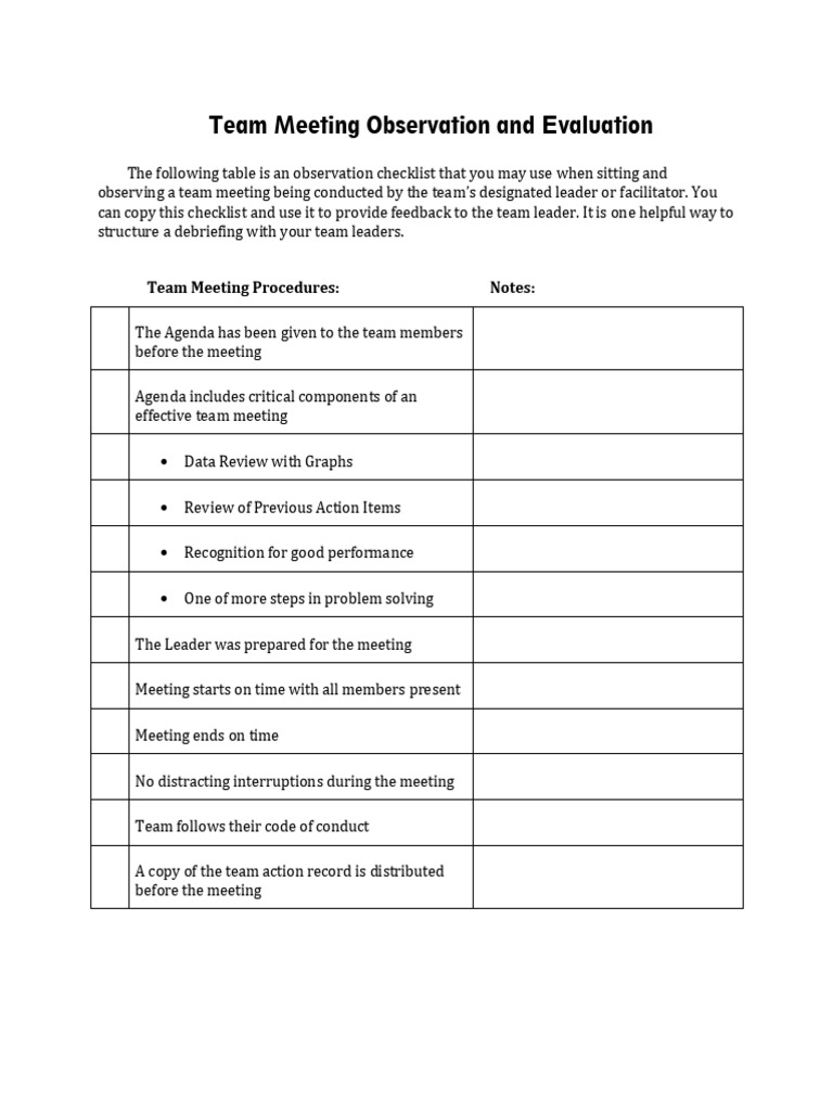 Team Meeting Observation Checklist | PDF | Brainstorming | Reinforcement