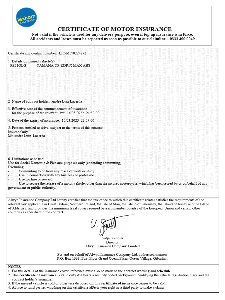 Alwyn Insurance Motor Certificate | PDF | Vehicles | Transport