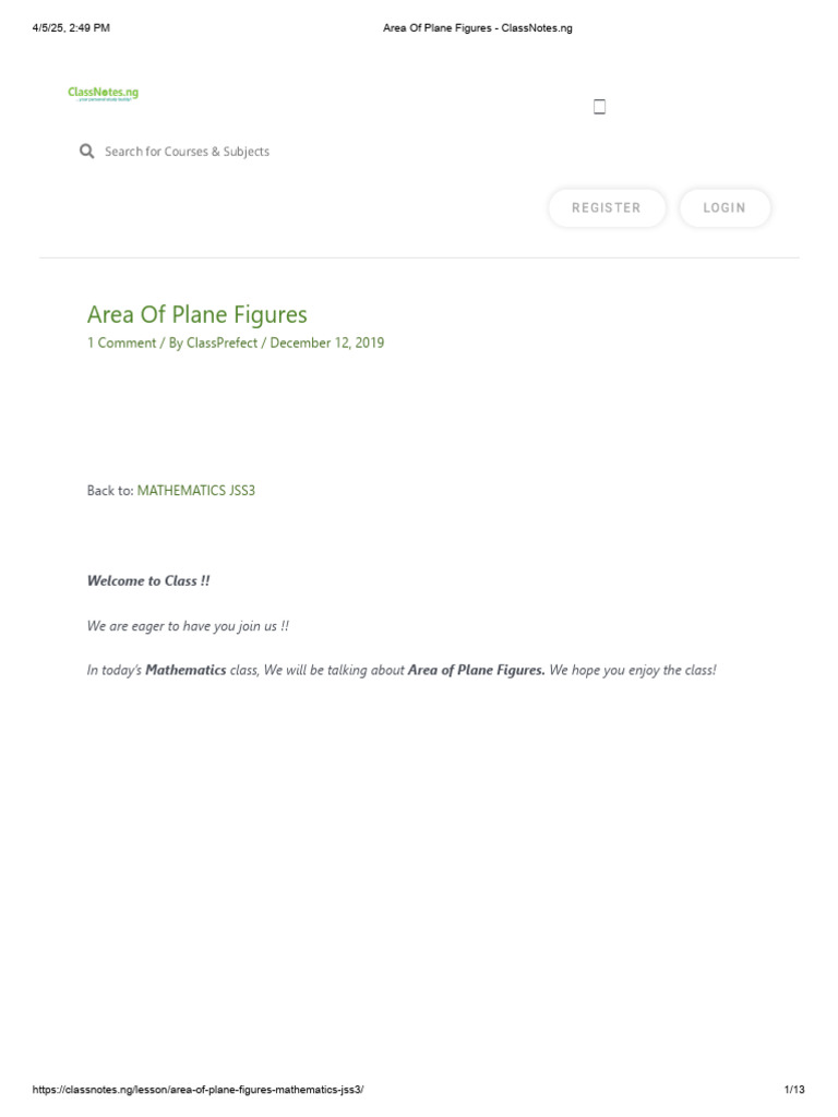 Area of Plane Figures - ClassNotes - NG | PDF | Area | Equations