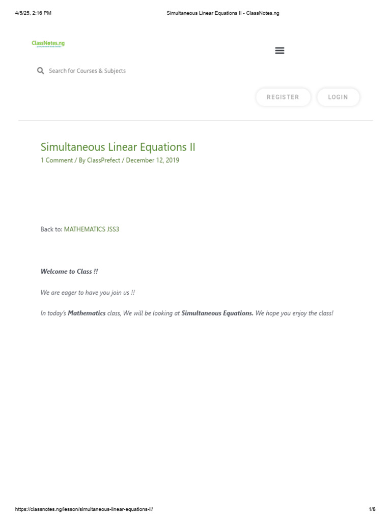 Simultaneous Linear Equations II - ClassNotes - NG | PDF | Equations ...