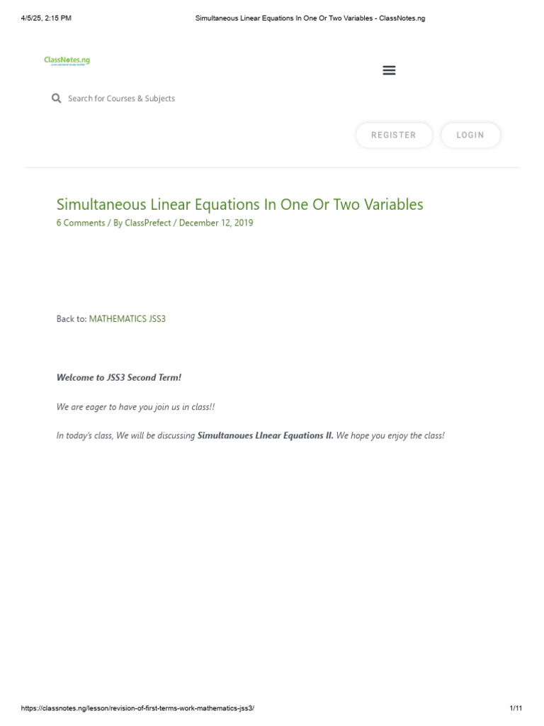 Simultaneous Linear Equations in One or Two Variables - ClassNotes - NG ...
