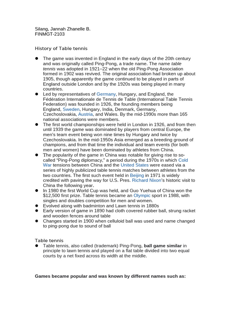 History and Rules of Table Tennis | PDF | Table Tennis | Games Of ...