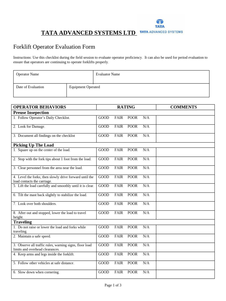 Forklift Operator Evaluation Checklist | PDF | Forklift | Transport
