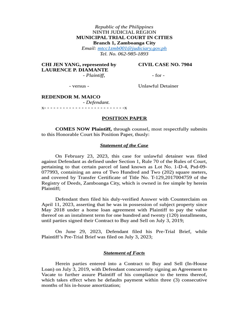 Position Paper (Chi Jen Yang) | PDF | Lawsuit | Property