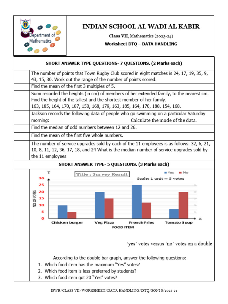 9993691-Cl 7 Ws1 Data Handling DTQ Worksheet 2023 24 Soni | PDF