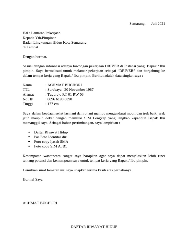 6 - Contoh Surat Lamaran Kerja Sopir Driver Perusahaan | PDF