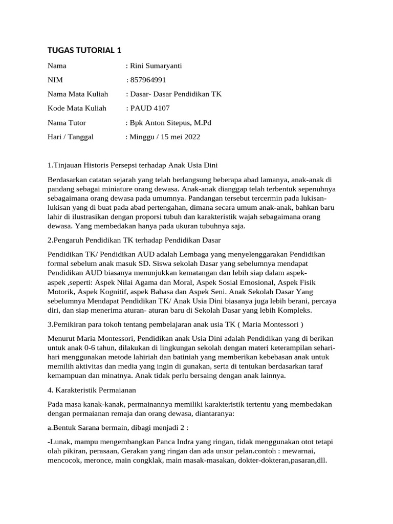 Tugas 1 Dasar Dasar Pend TK | PDF