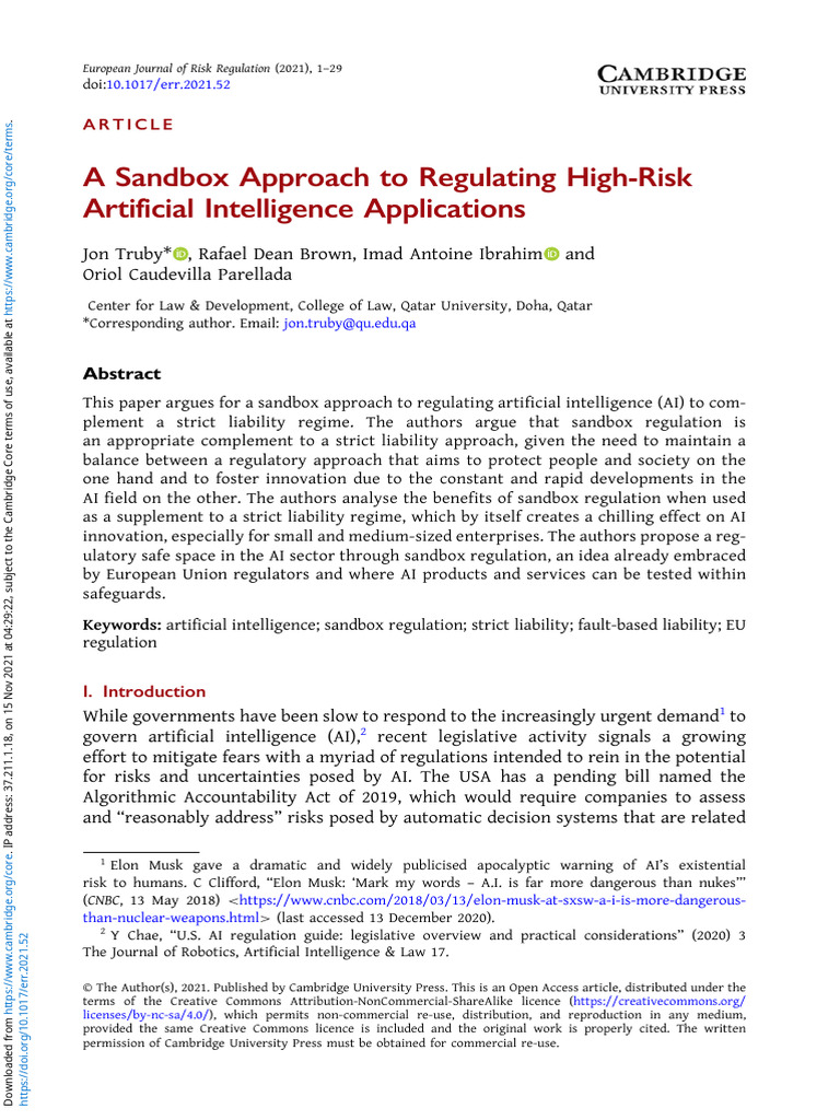 (EU) J.Truby - A Sandbox Approach To Regulating High-Risk AI Applications | PDF | Artificial ...