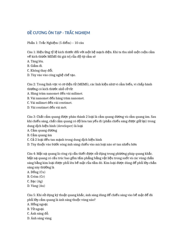 De Trac Nghiem Tong Hop MEMS | PDF