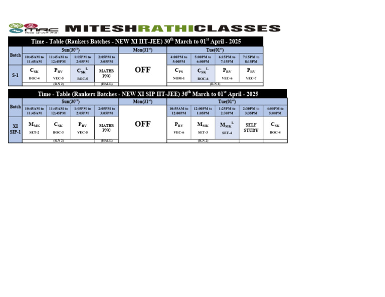 Time - Table (Rankers Batches - NEW XI IIT-JEE) 30 March To 01 April ...