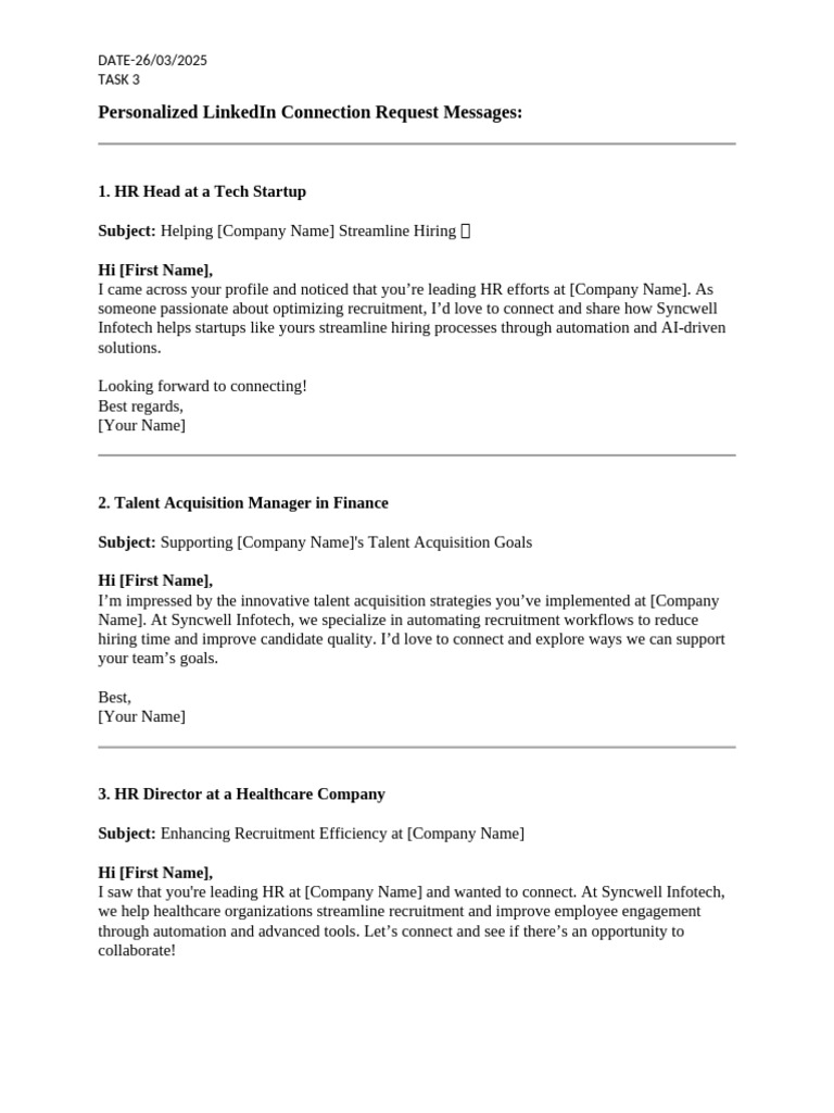 LinkedIn Connection Messages for HR Professionals | PDF | Recruitment ...