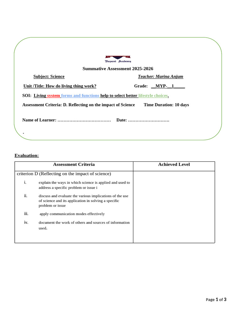 Summative assessment unit-1 Science Y-1 dox | PDF | Science ...