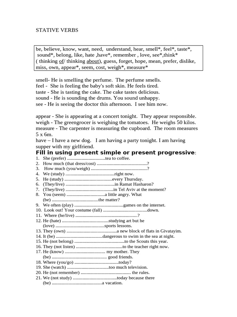 Stative Verbs Grammar Drills - 26435 | PDF