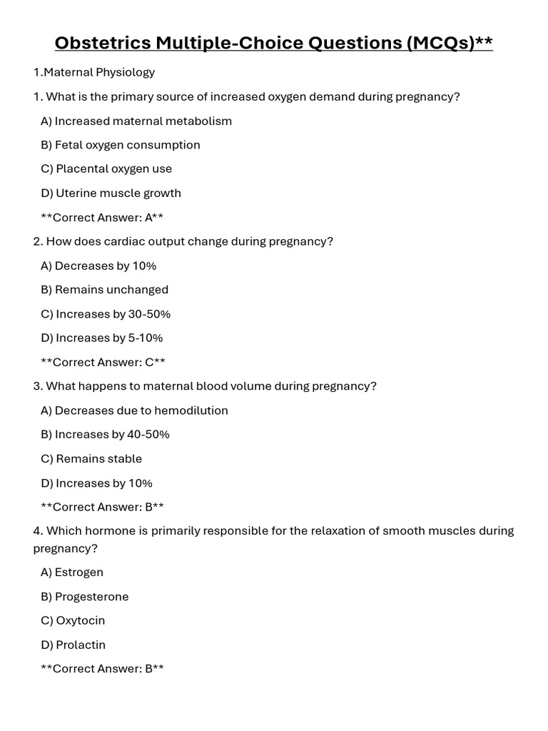 Obstetrics MCQs: Maternal & Fetal Health | PDF | Childbirth | Pregnancy