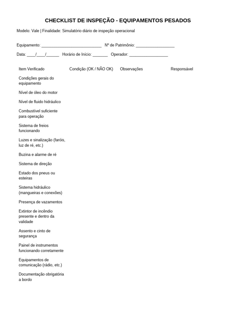 Checklist Equipamentos Pesados Modelo Vale | PDF