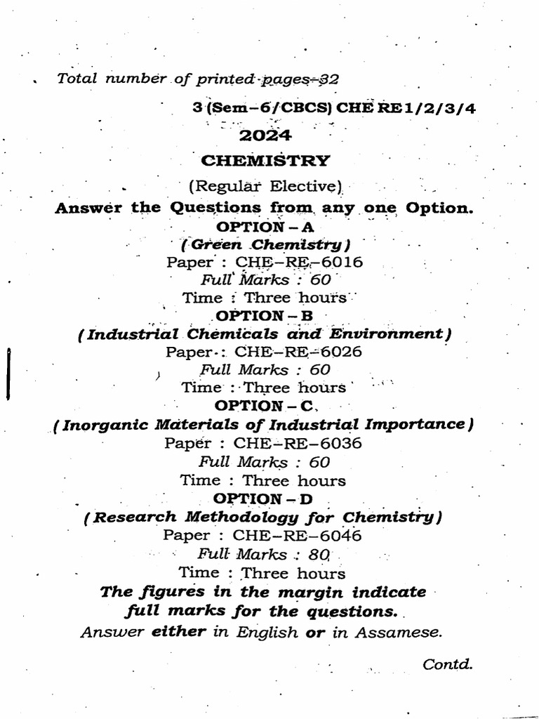 Chemistry (Regular Elective) 6th Semester 2024 | PDF