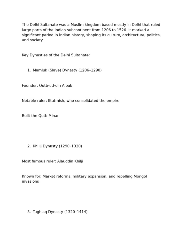 Overview of the Delhi Sultanate Dynasties | PDF