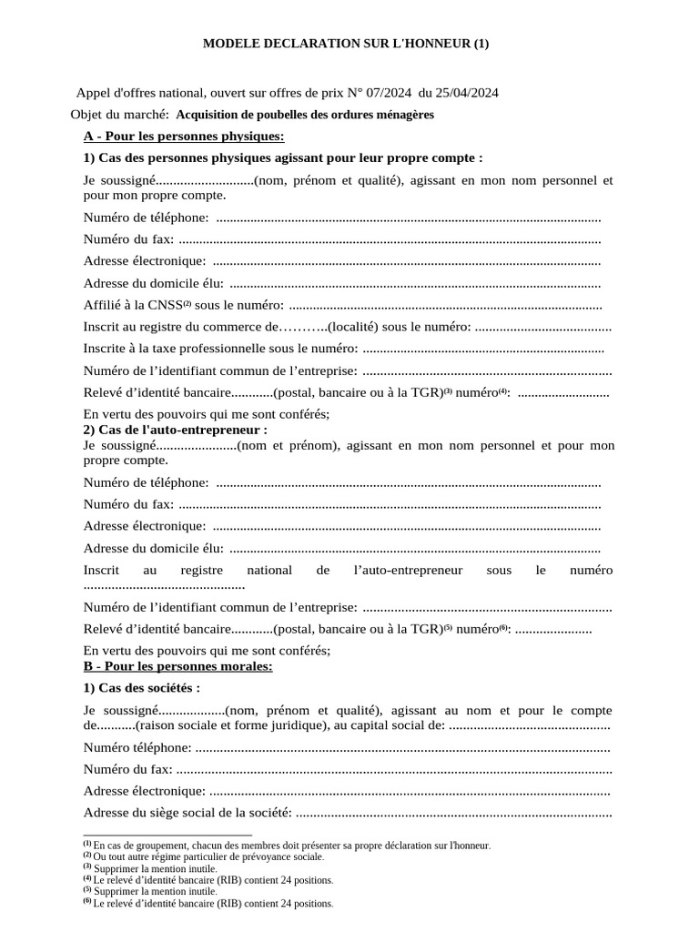 Déclaration sur l'honneur pour offres | PDF | Banques | Business