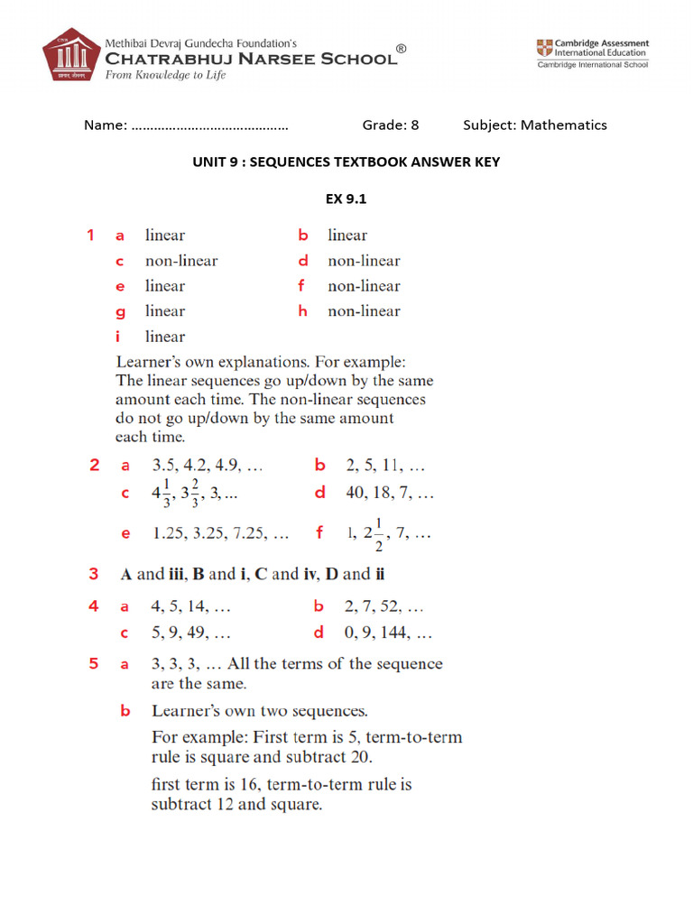 Unit 9 Sequences Textbook Answer Key | PDF