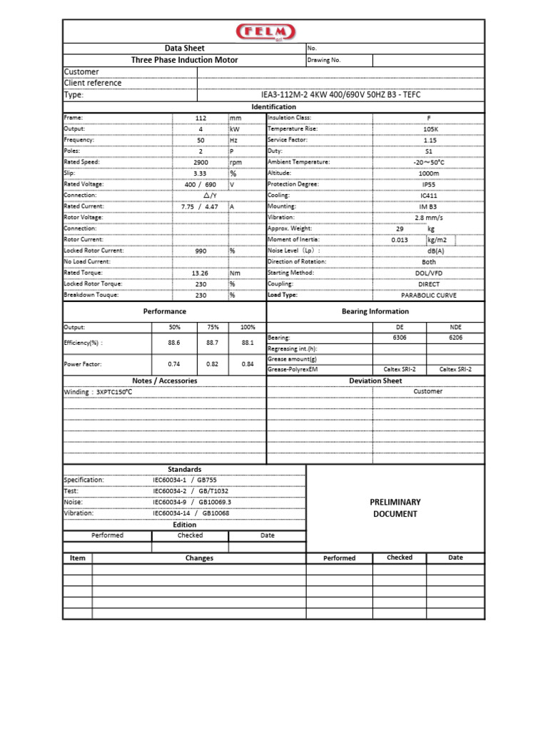 Three Phase Induction Motor Data Sheet | PDF | Electricity | Electrical Engineering