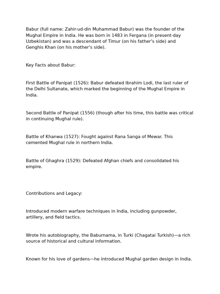 Key Facts About Babur's Legacy | PDF
