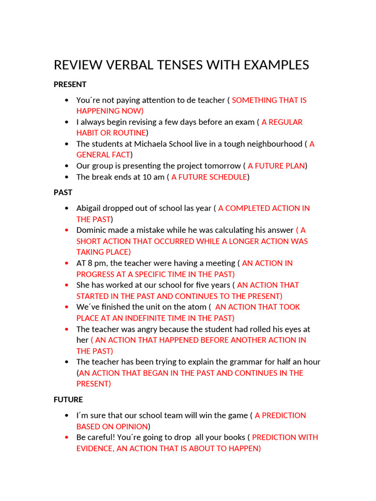 REVIEW VERBAL TENSES WITH EXAMPLES | PDF