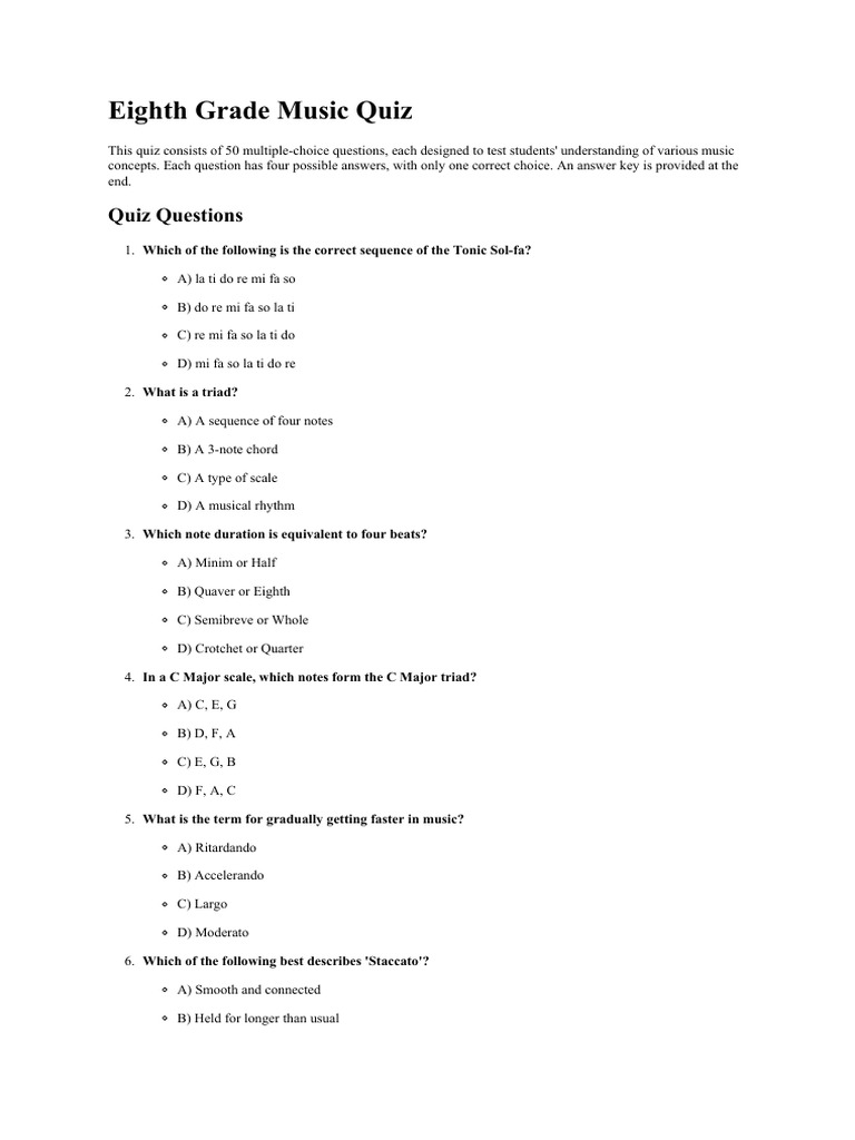 Eighth Grade Music Quiz | PDF | Tempo | Musical Forms