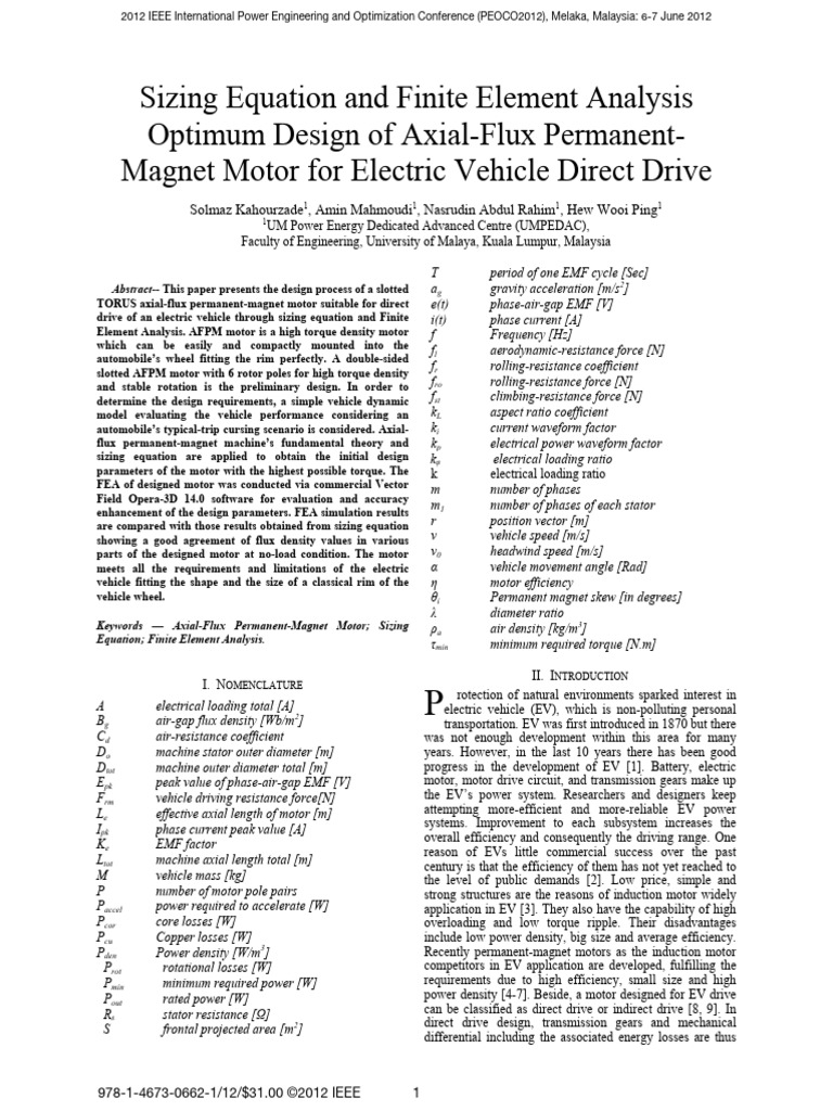 Sizing Equation and Finite Element Analysis Optimum Design of Axial-Flux Permanent-Magnet Motor ...