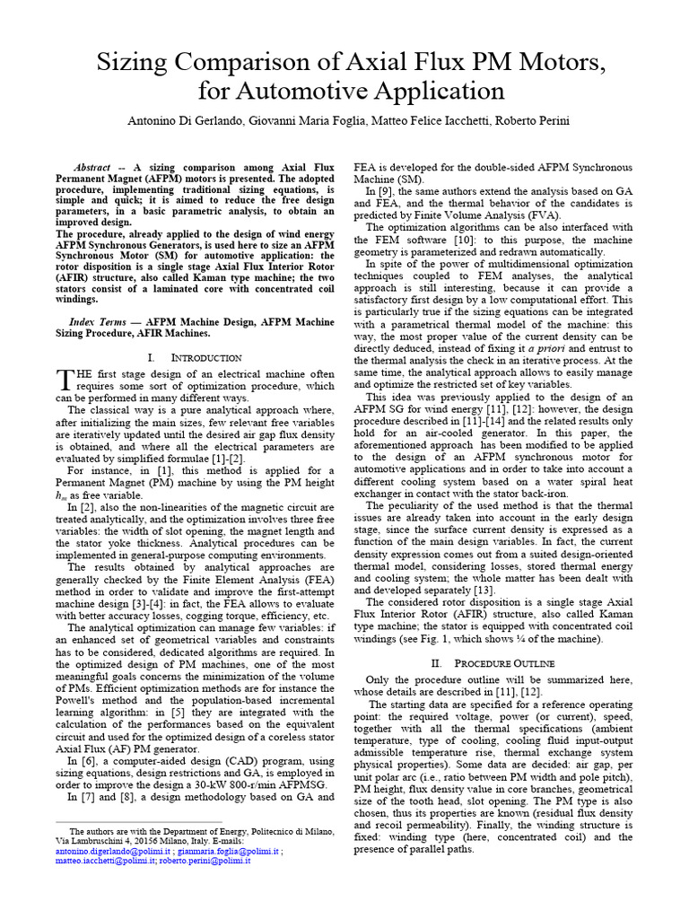 Sizing Comparison of Axial Flux PM Motors For Automotive Application ...