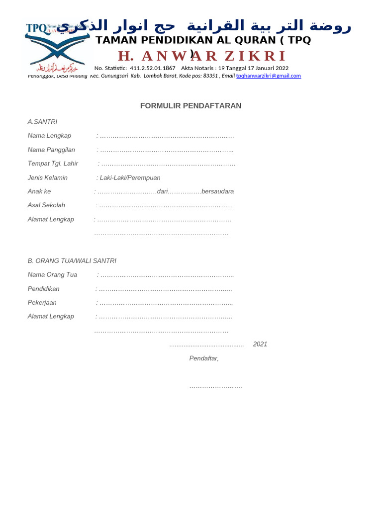 form pendaftaran TPQ Anwar kamran zaed | PDF