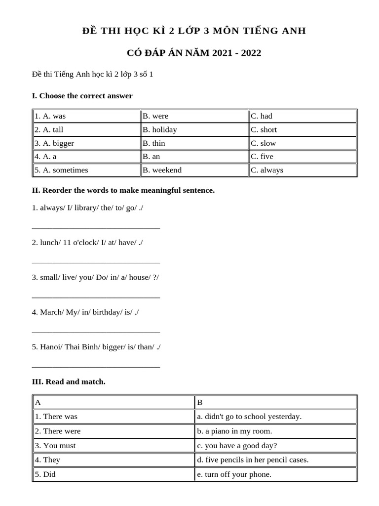 De on Thi Hoc Ki 2 Lop 3 Mon Tieng Anh Theo Giao Trinh Family and Friends 3 | PDF