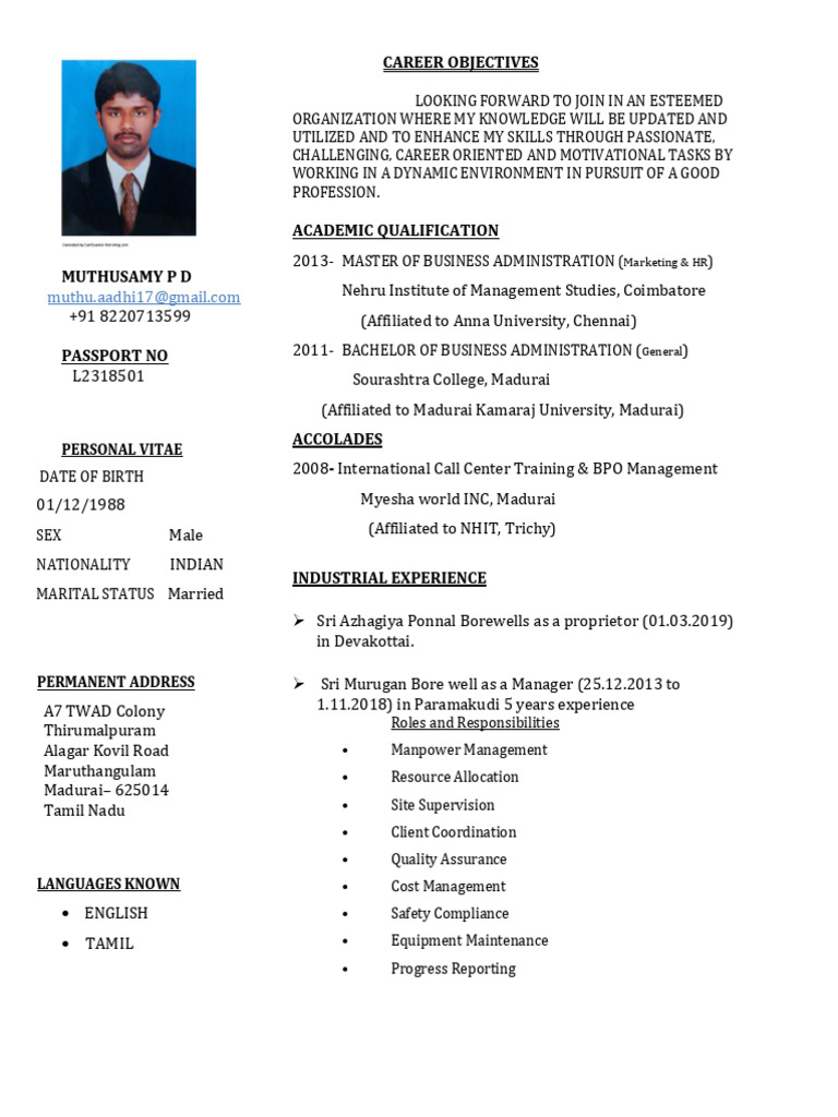 MUTHU SAMY MBA Resume 23.03.2025 | PDF | Business
